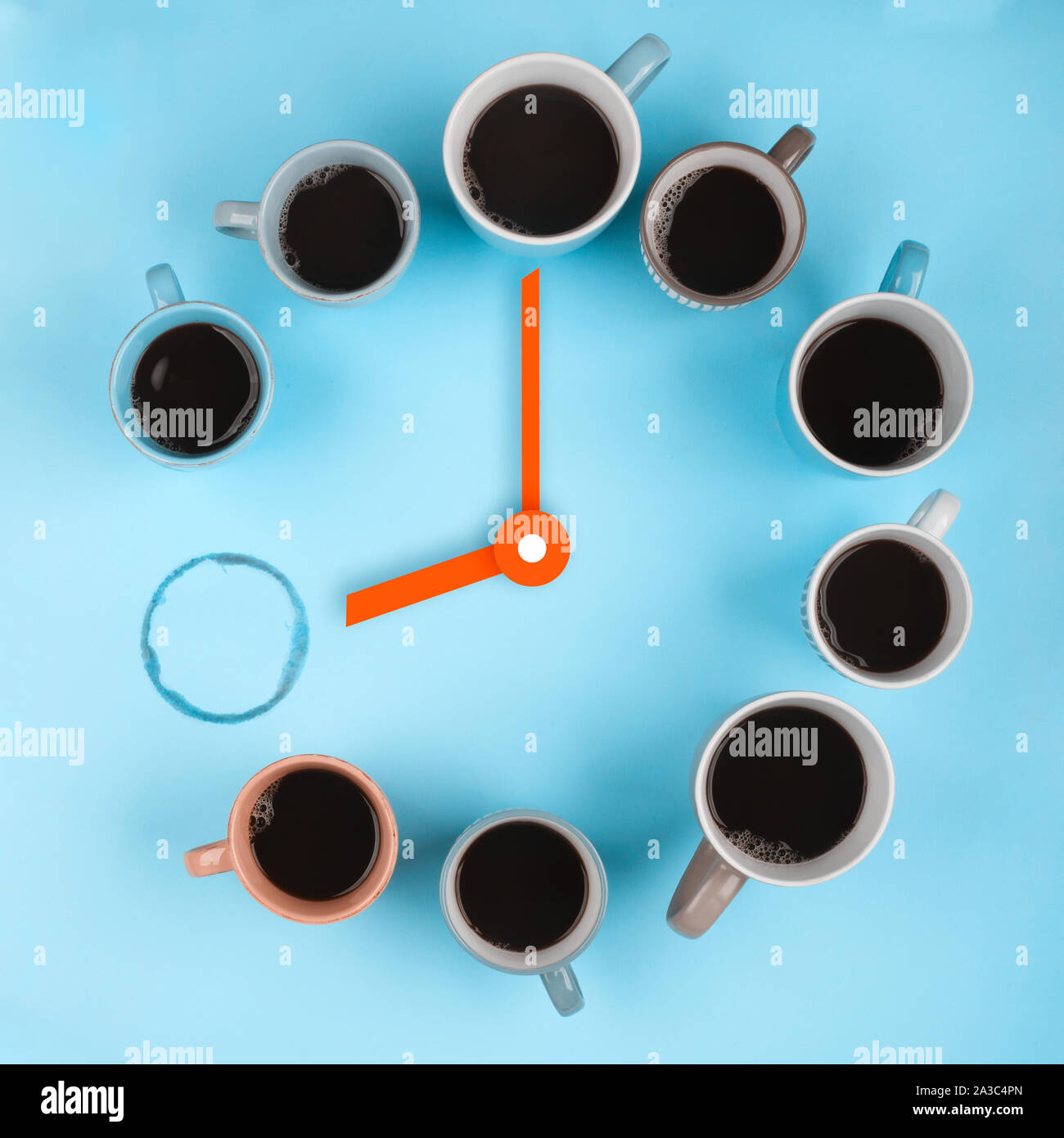 Coffee clocks. Different cups on the blue background with clock hands ...