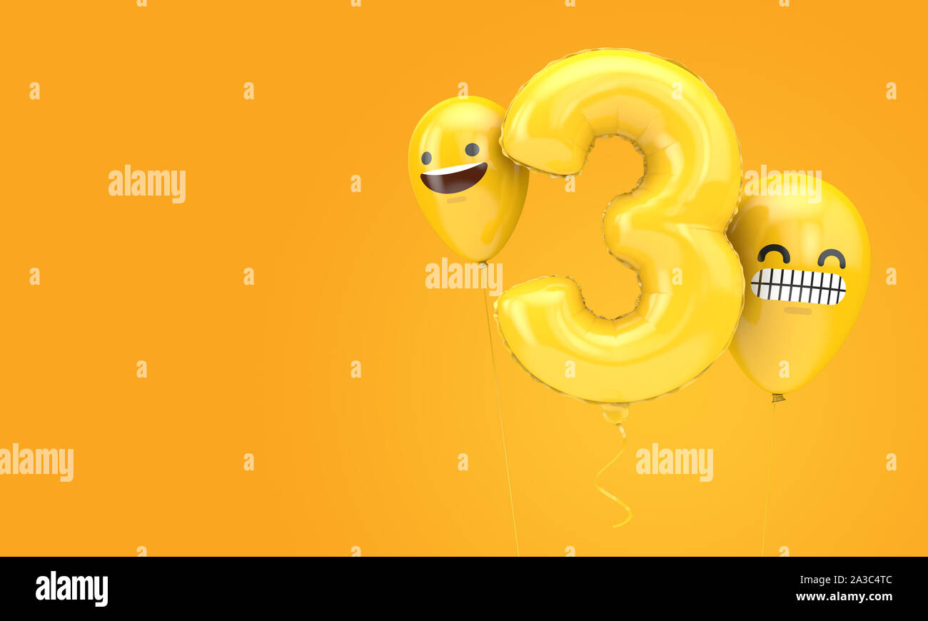 Number 3 birthday ballloon with emoji faces balloons. 3D Render Stock ...