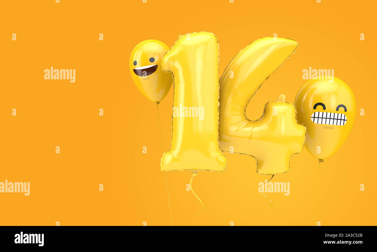 Number 14 birthday ballloon with emoji faces balloons. 3D Render Stock ...