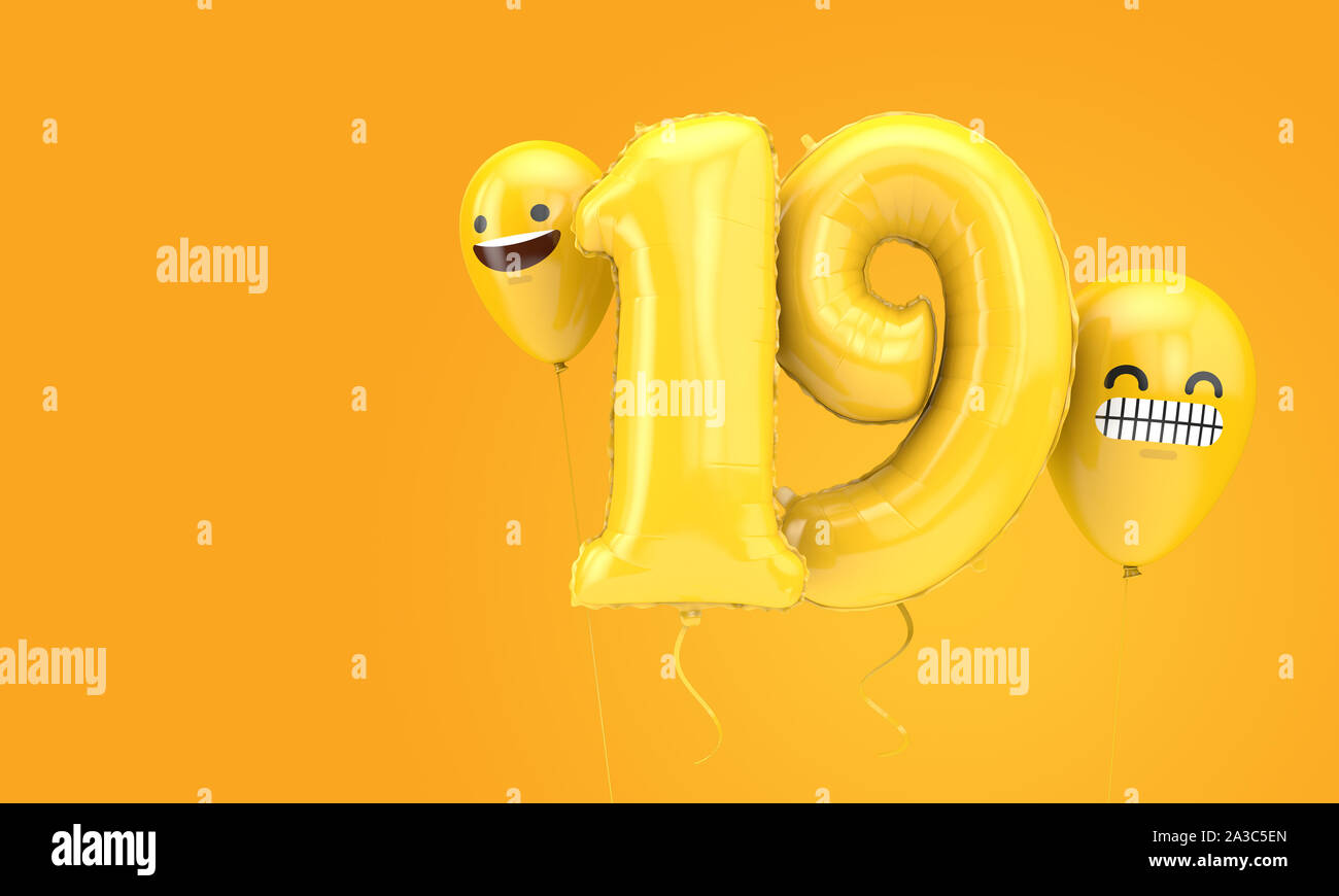 Number 19 birthday ballloon with emoji faces balloons. 3D Render Stock ...
