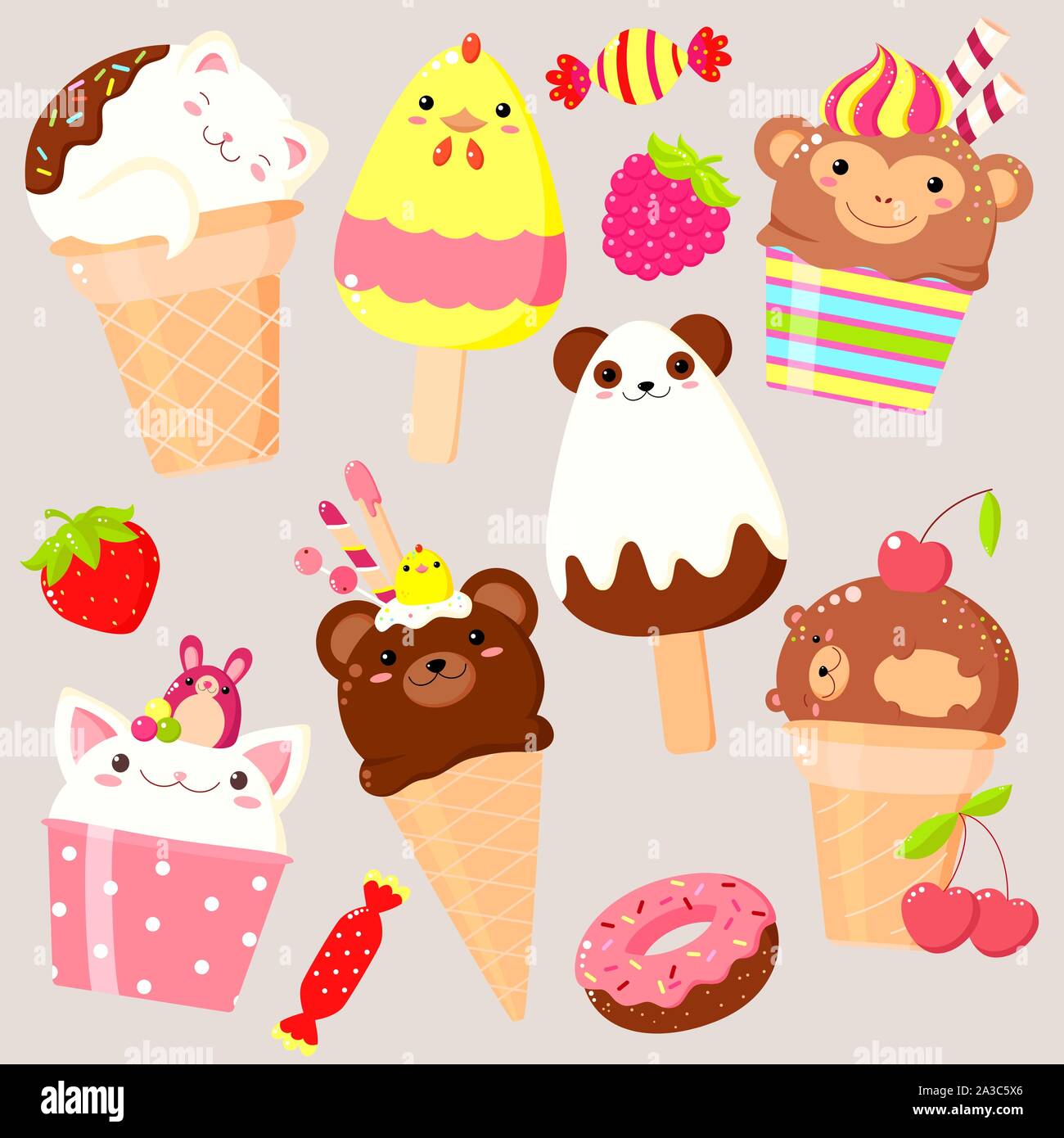 Vector set of animal shaped ice cream - vanilla, chocolate, strawberry ...
