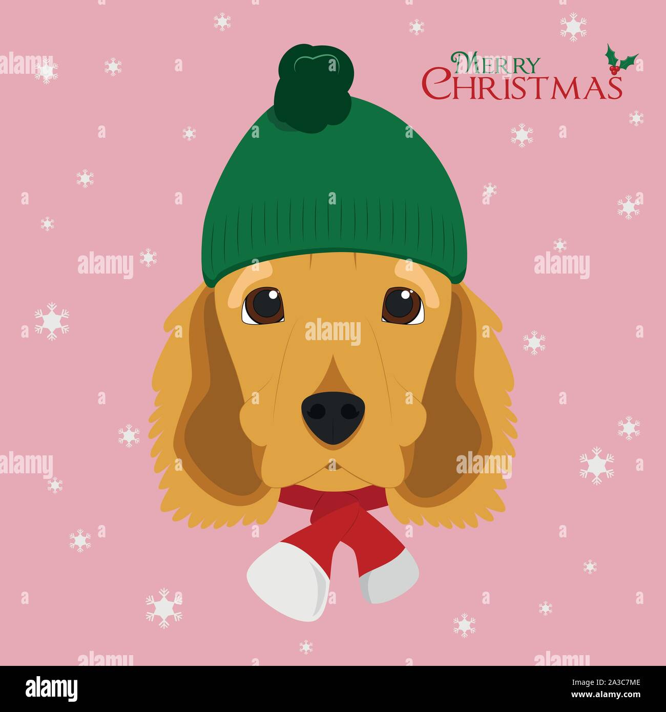 Christmas greeting card. English Cocker Spaniel dog wearing a woolen ...