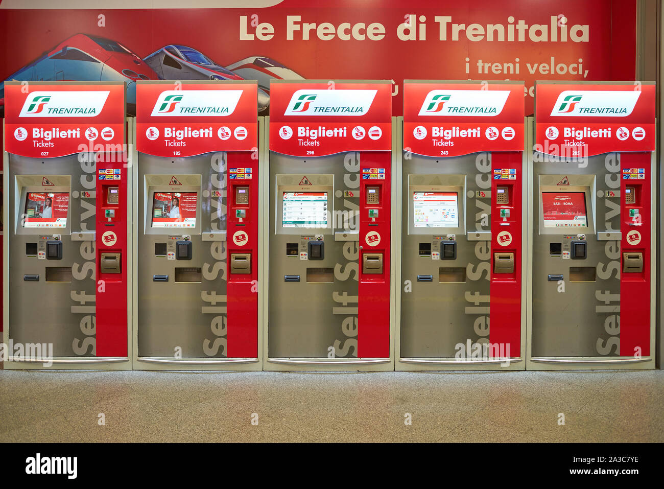VENICE, ITALY - CIRCA MAY, 2019: self service kiosks at train station ...