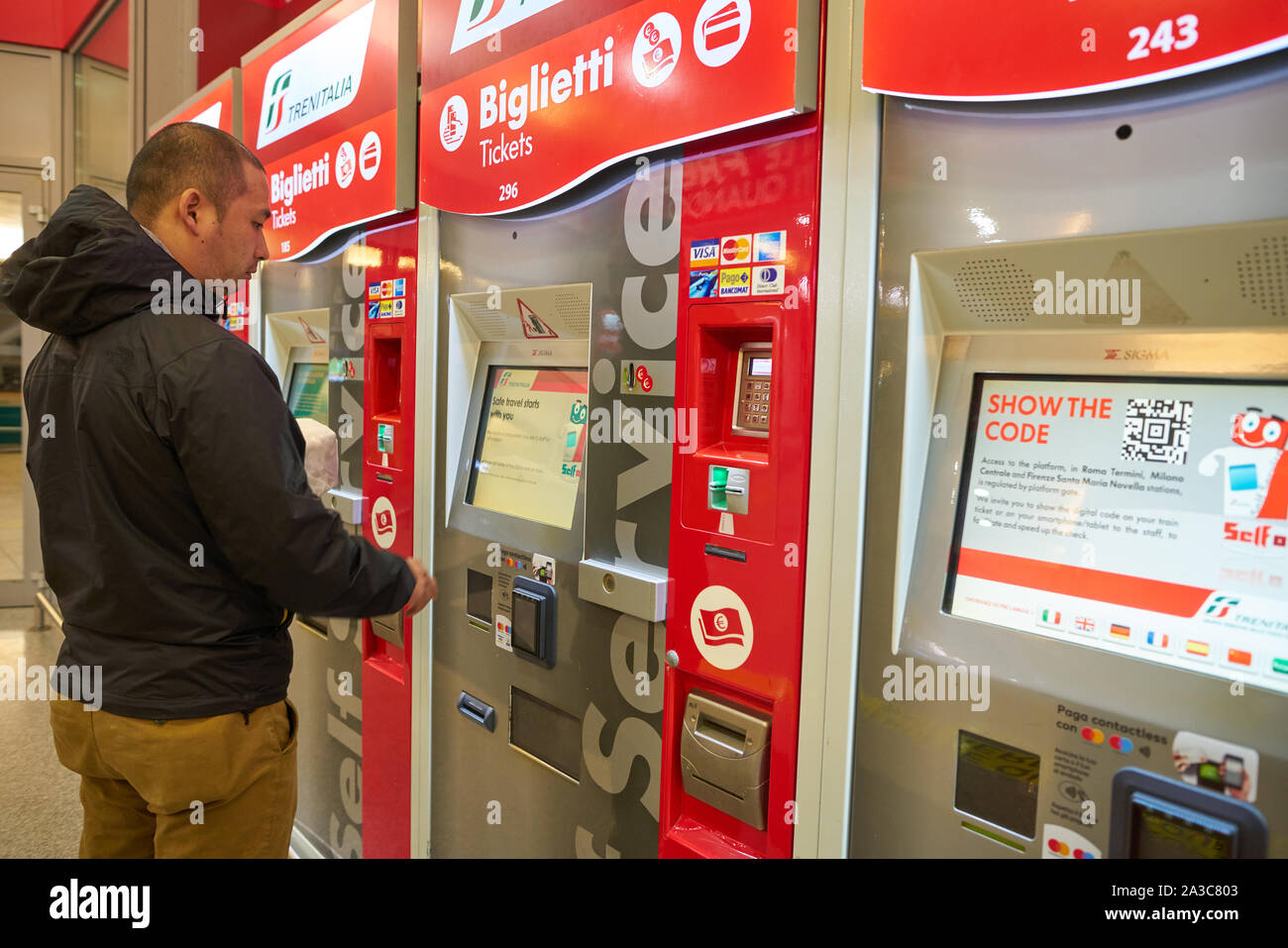 VENICE, ITALY - CIRCA MAY, 2019: self service kiosks at train station ...