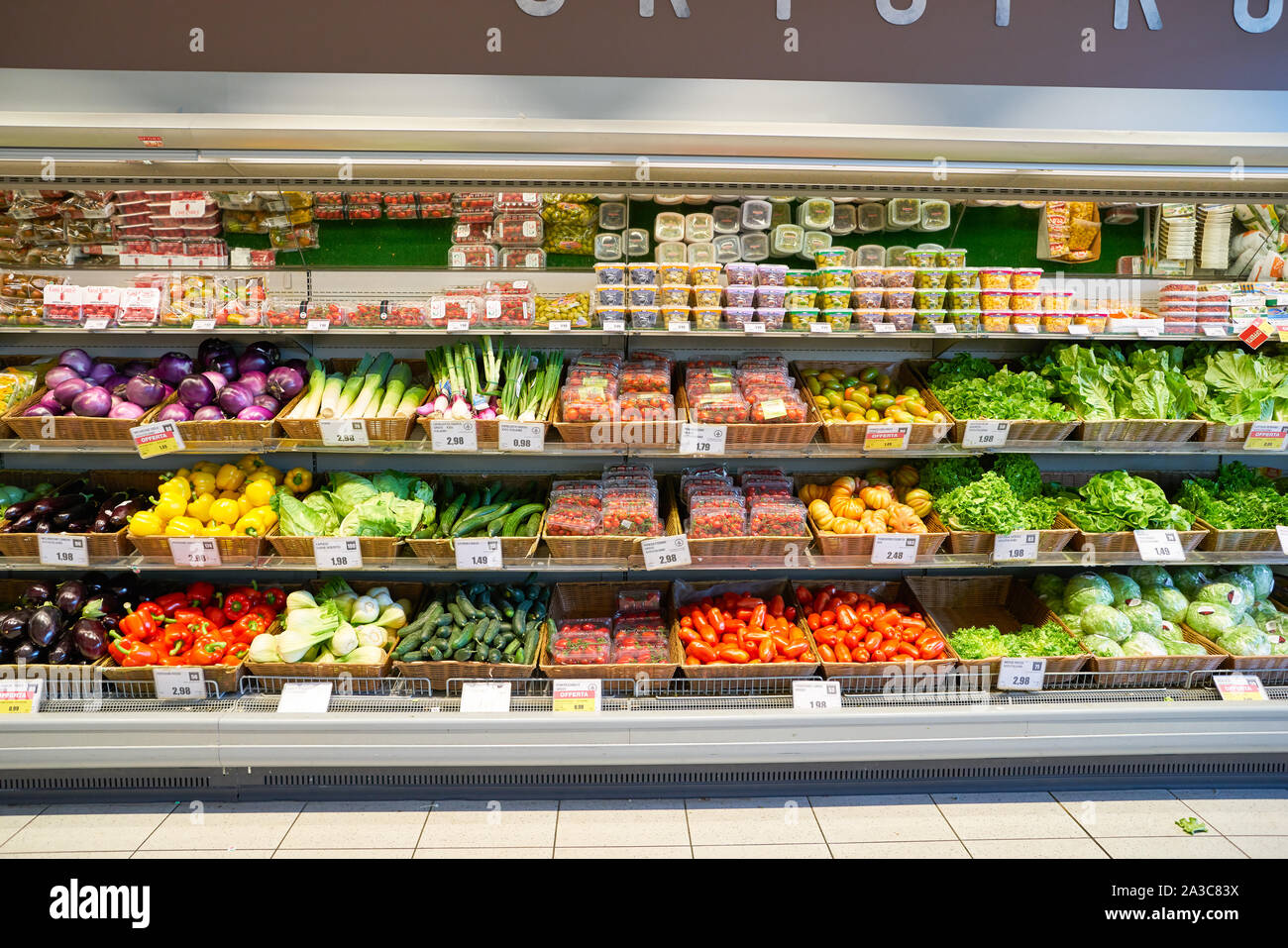 VENICE, ITALY - CIRCA MAY, 2019: produce on display at InterSPAR ...