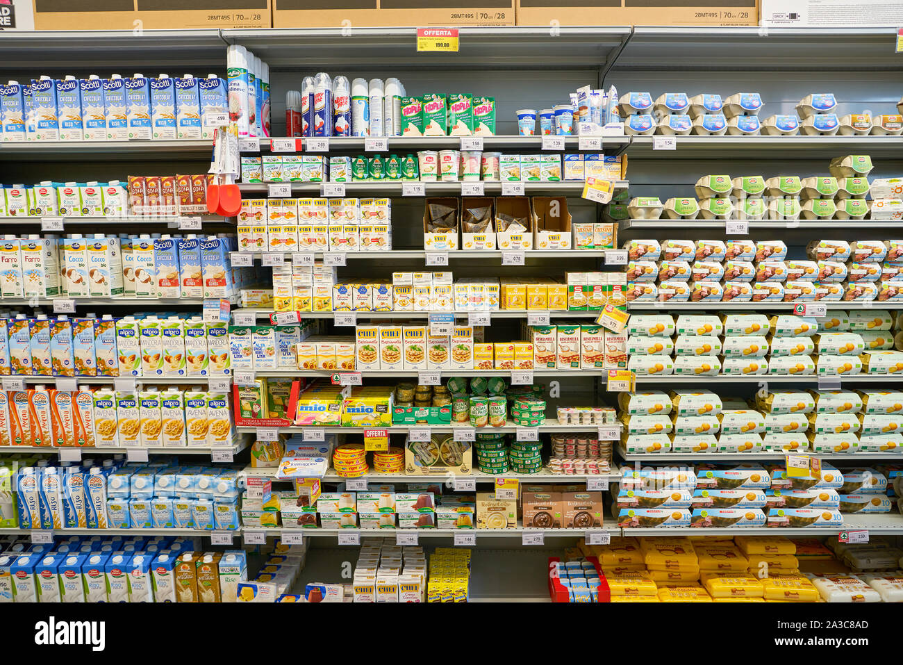 VENICE, ITALY - CIRCA MAY, 2019: interior shot of InterSPAR supermarket ...