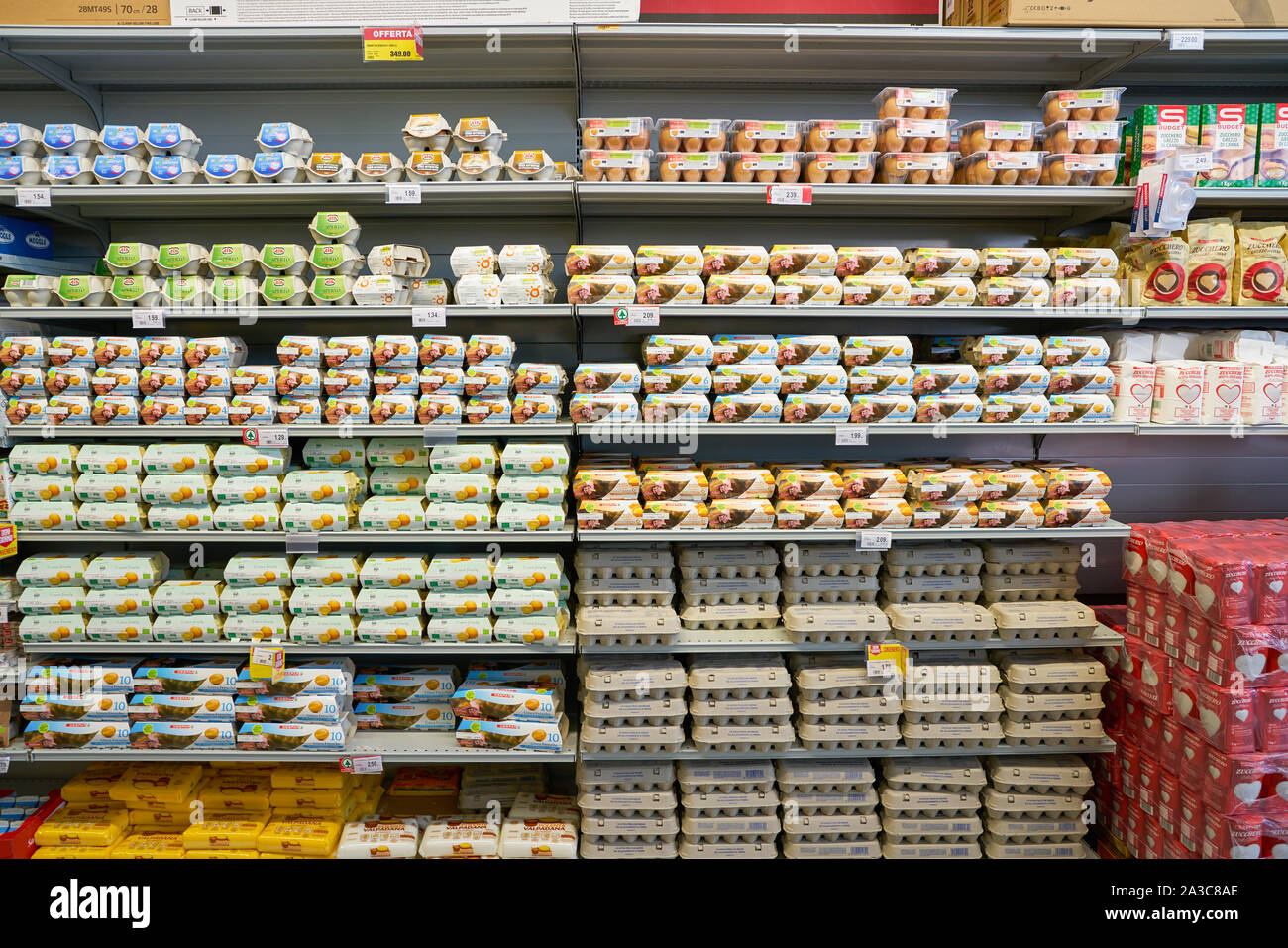 VENICE, ITALY - CIRCA MAY, 2019: interior shot of InterSPAR supermarket ...