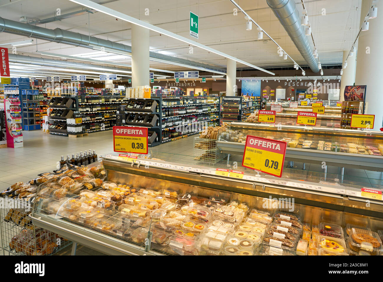 VENICE, ITALY - CIRCA MAY, 2019: interior shot of InterSPAR supermarket ...
