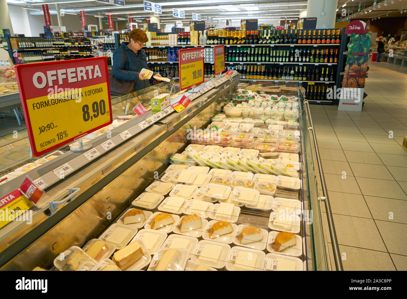 VENICE, ITALY - CIRCA MAY, 2019: cutted cheese on display at InterSPAR ...
