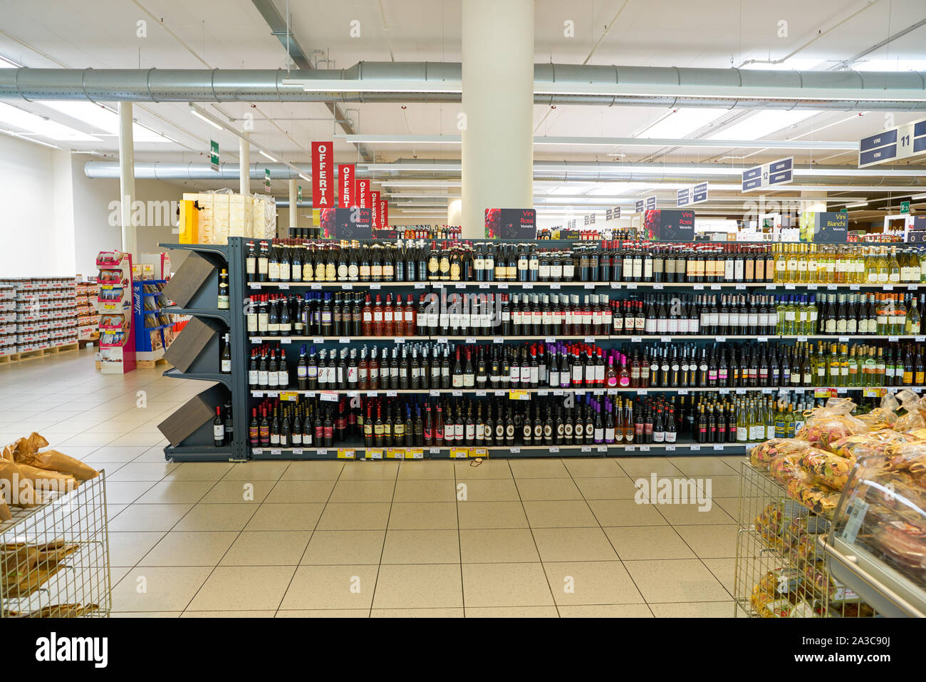 VENICE, ITALY - CIRCA MAY, 2019: interior shot of InterSPAR supermarket ...