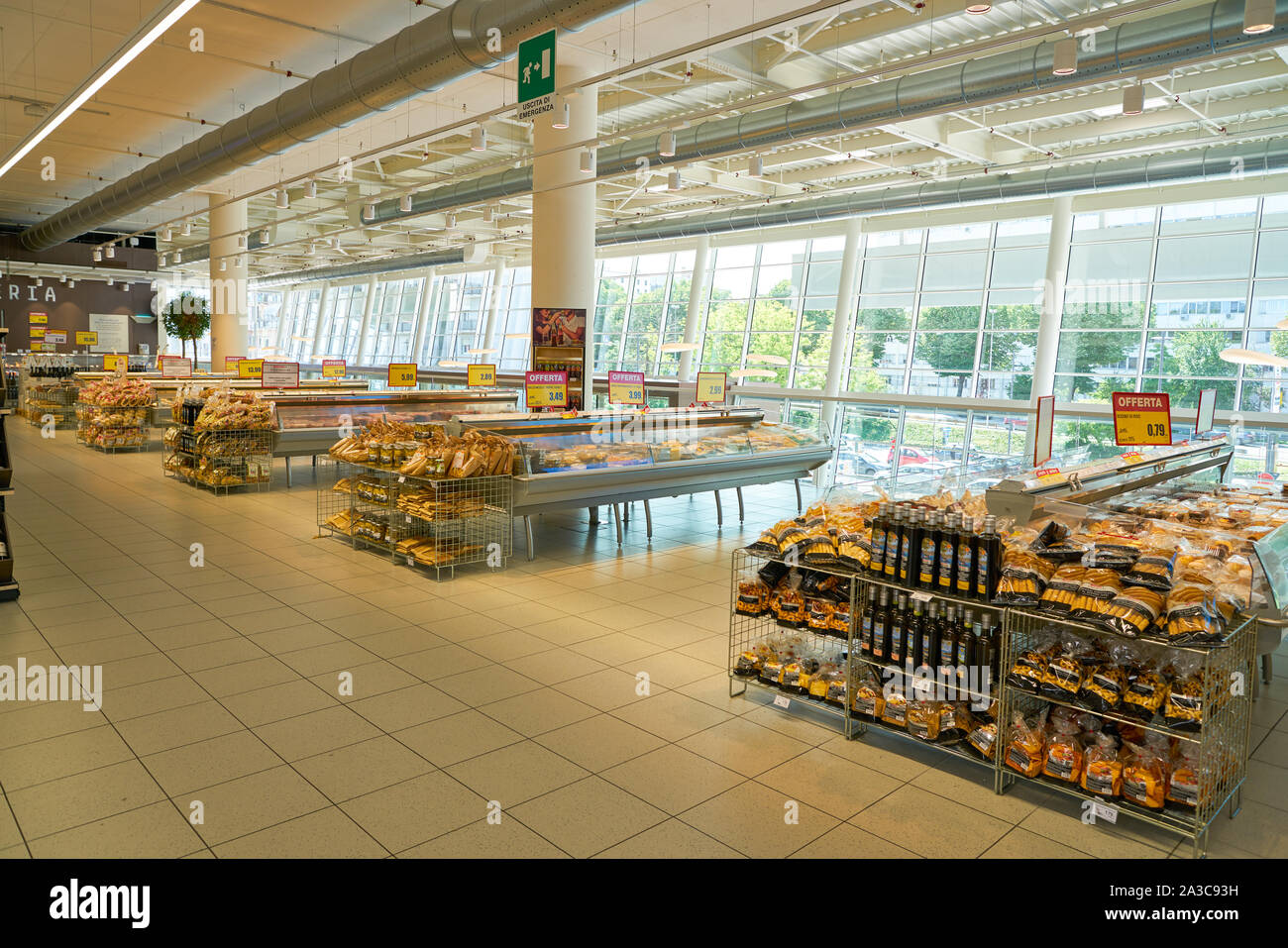 VENICE, ITALY - CIRCA MAY, 2019: interior shot of InterSPAR supermarket ...