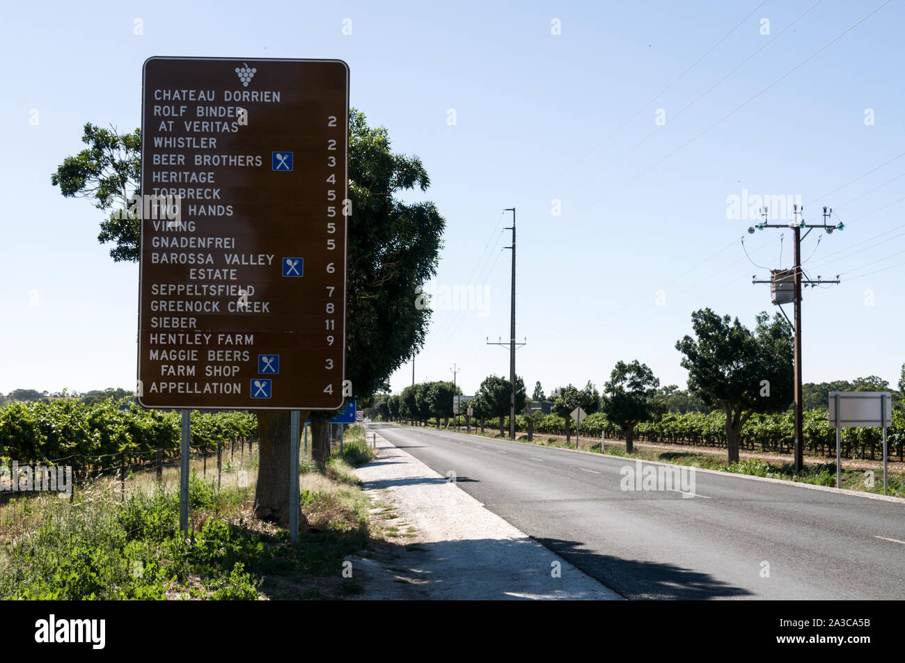 A tourist information road sign with a list of local wineries in the ...
