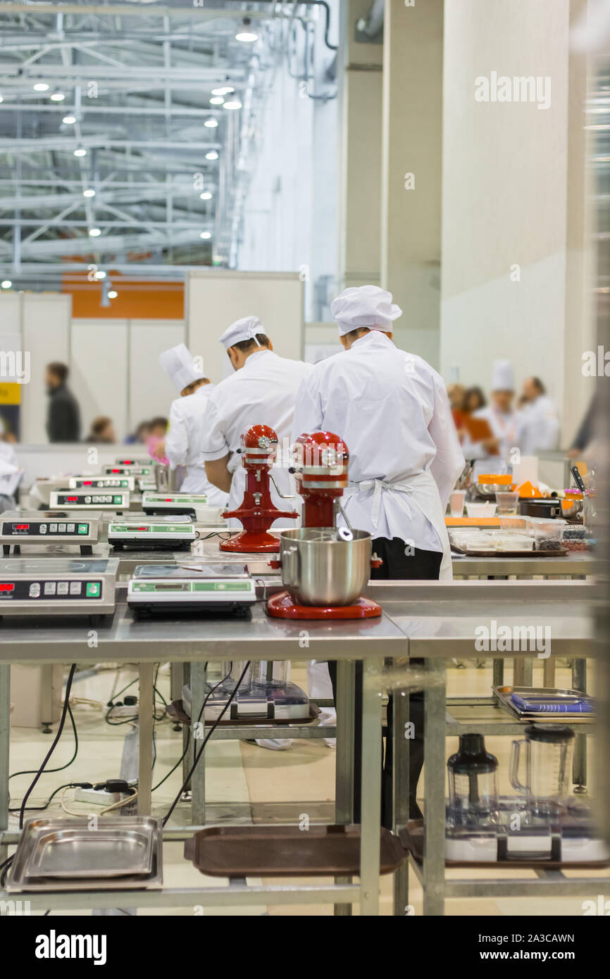Kitchen stand food mixers on table at cuisine of restaurant Stock Photo ...