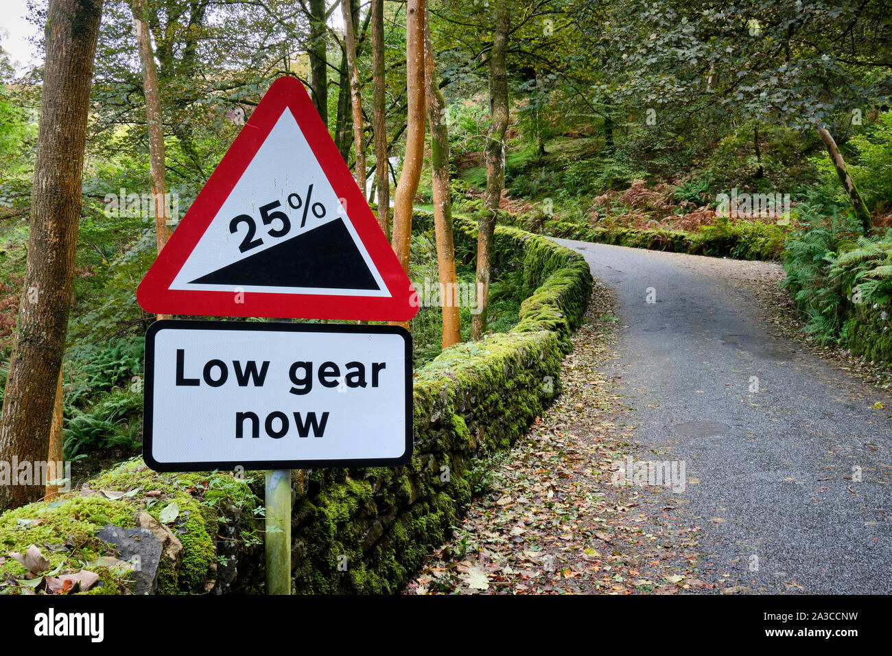 Low Gear Now Highway sign on Red Bank Lane, Grasmere, Lake District ...