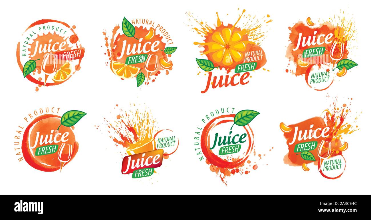 Set of vector orange juice splatter logos on white background Stock ...