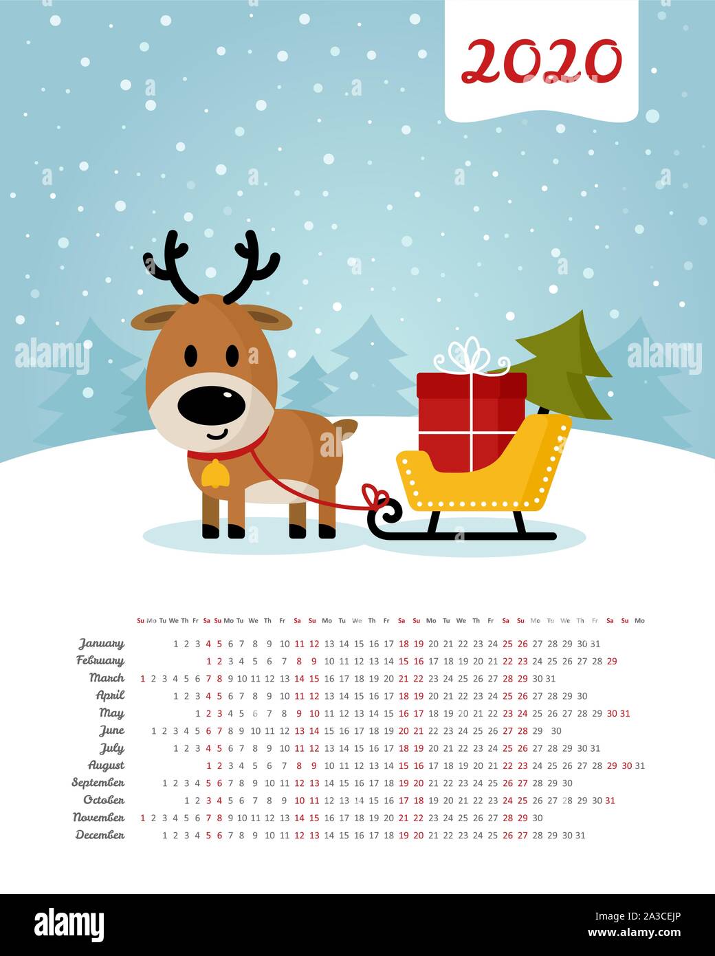 Calendar 2020 year. Deer Santa with sleigh, gift and Christmas tree ...