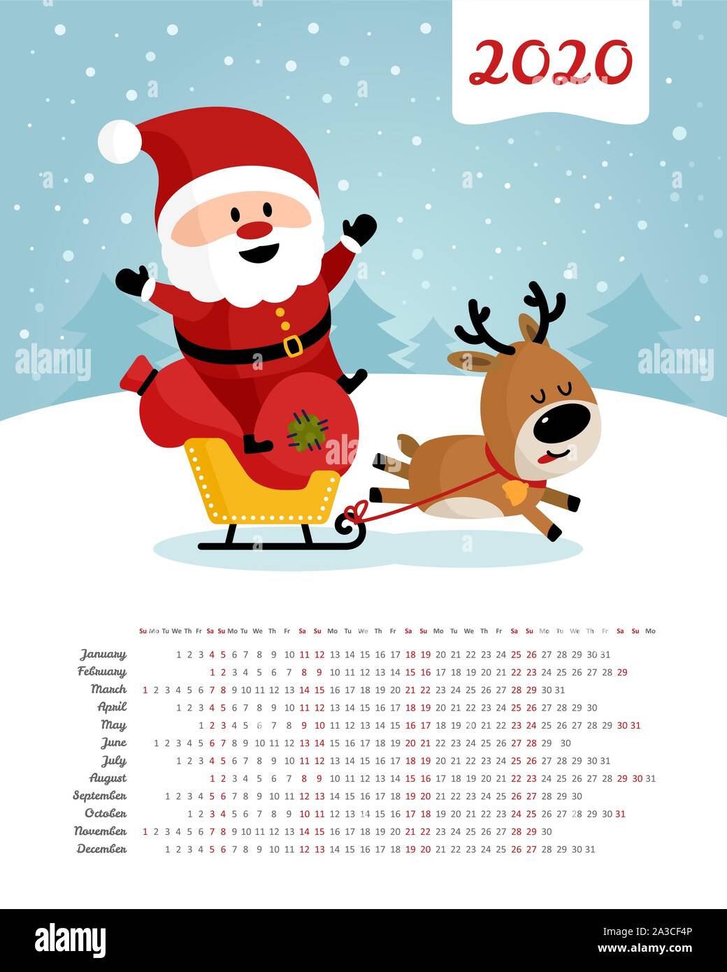 Calendar 2020 year. Santa Claus with deer on sleigh with bag of gifts ...