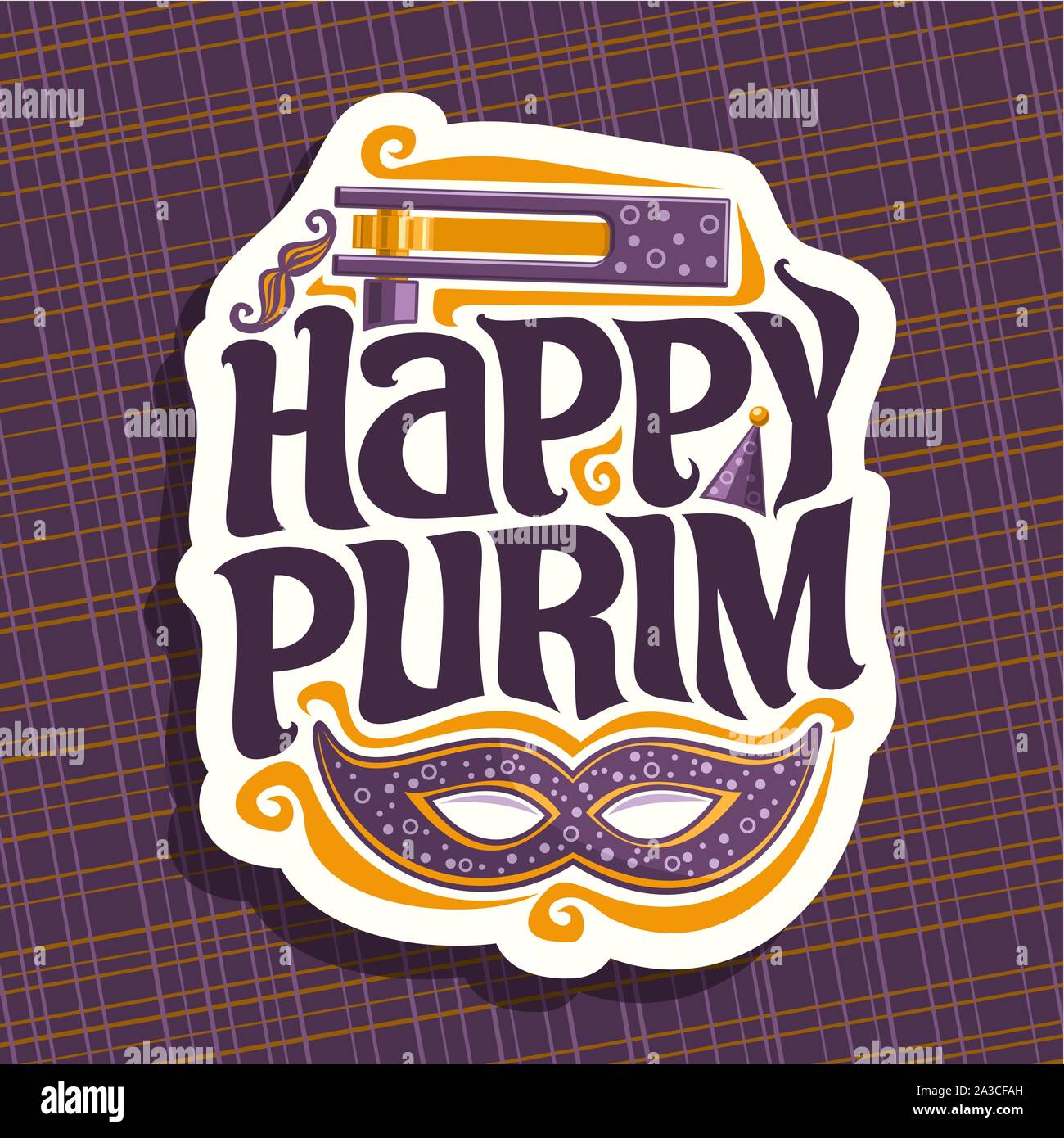 Vector logo for Happy Purim, poster with carnival mask and noise maker ...