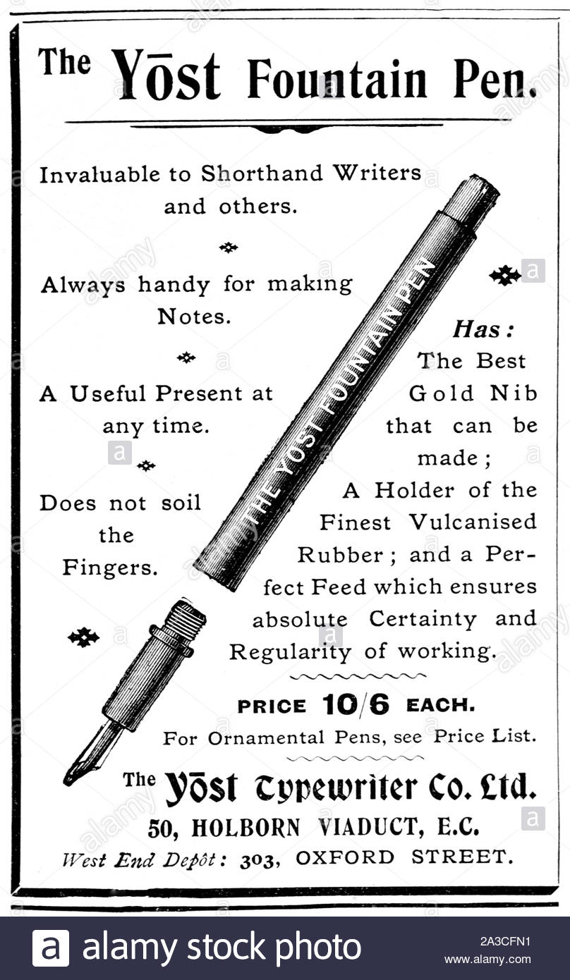 Victorian era, Yost Fountain Pen, vintage advertising from 1899 Stock ...