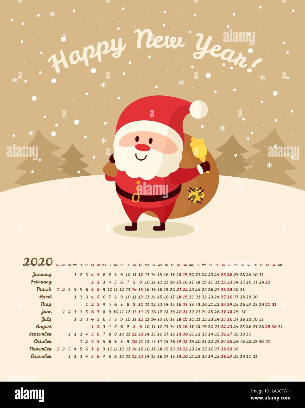 Calendar 2020 year. Santa Claus with a bag of gifts and a bell. Merry ...