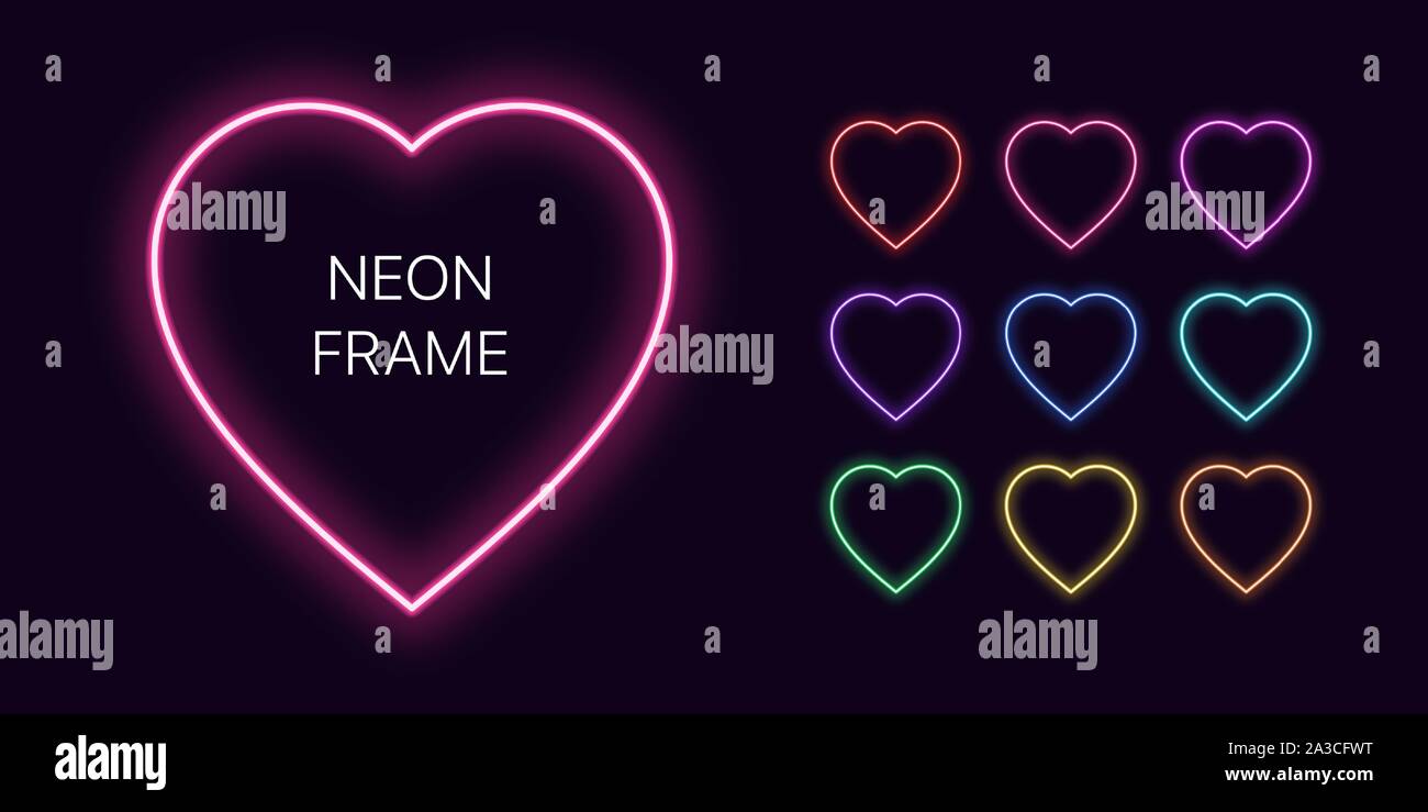 Neon monochrome heart Border with copy space. Templates set of Neon ...
