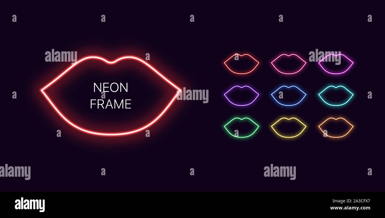 Neon monochrome Woman lips Border with copy space. Templates set of ...