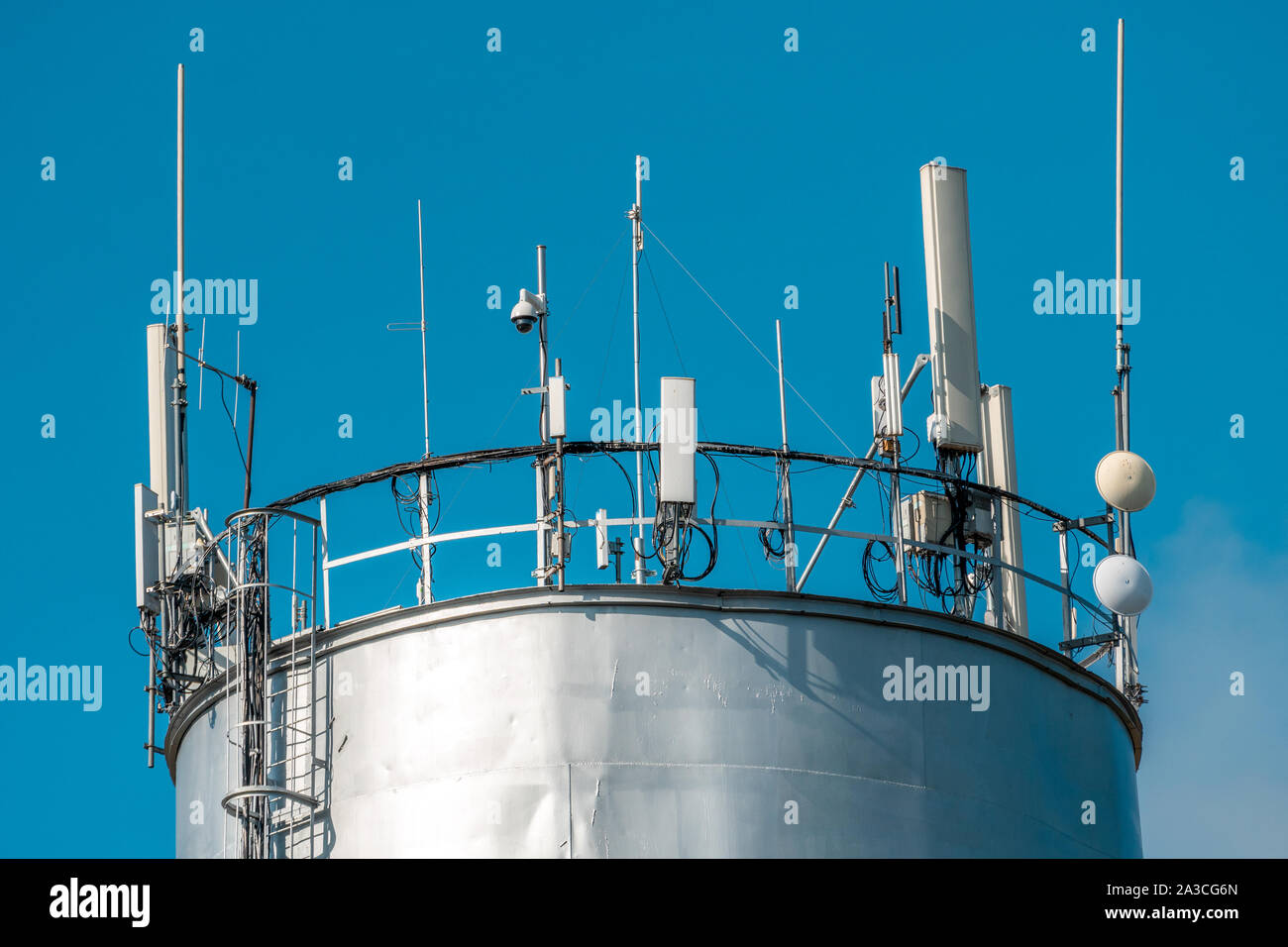 Top of Water tower with communication antennas. Telecommunications ...
