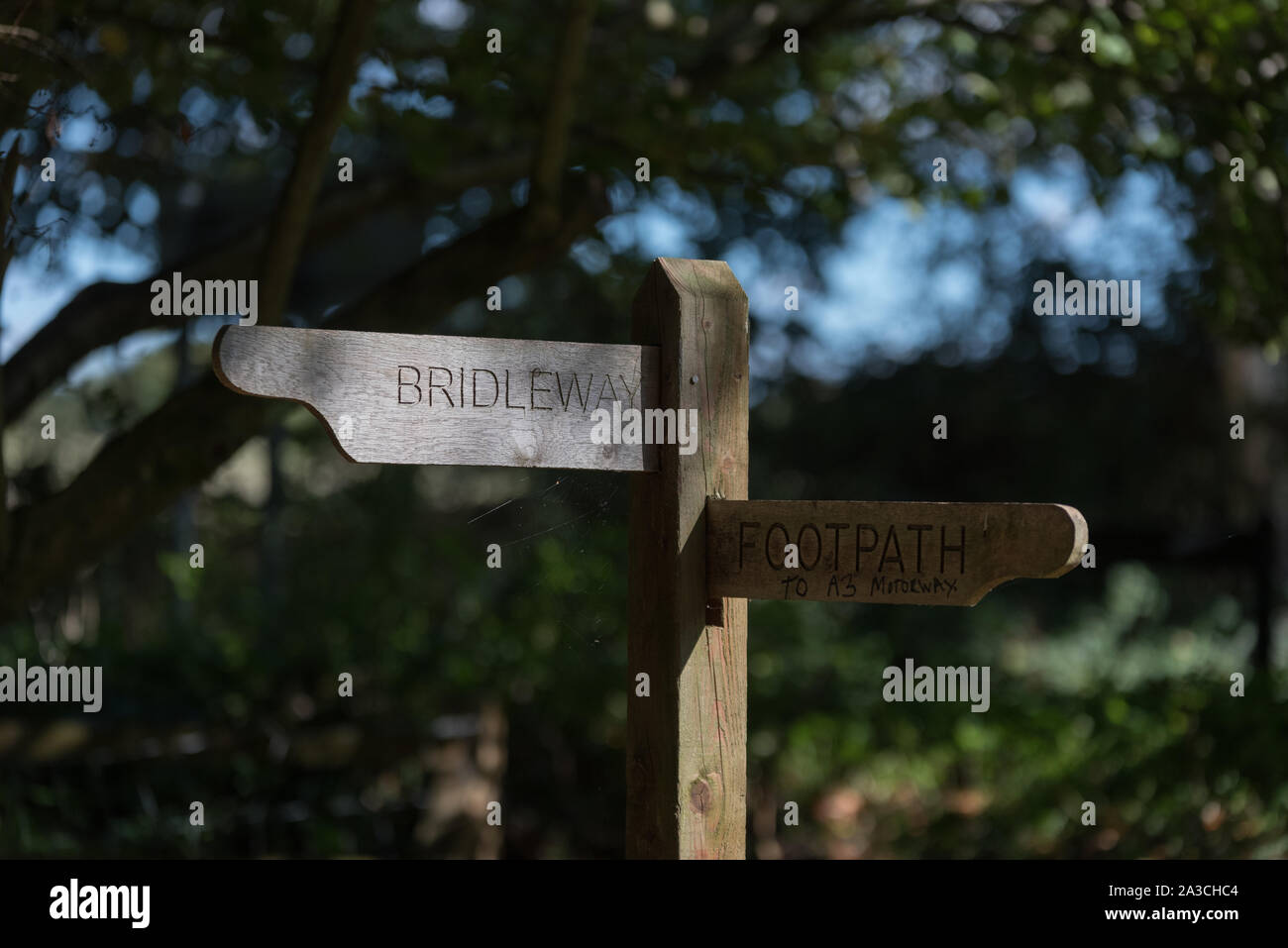 countryside with footpath sign in scene in Hampshire Liphook Stock ...