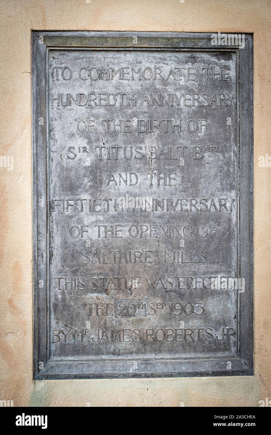 Statue of Titus Salt, in Roberts Park, Saltaire, UNESCO World heritage ...