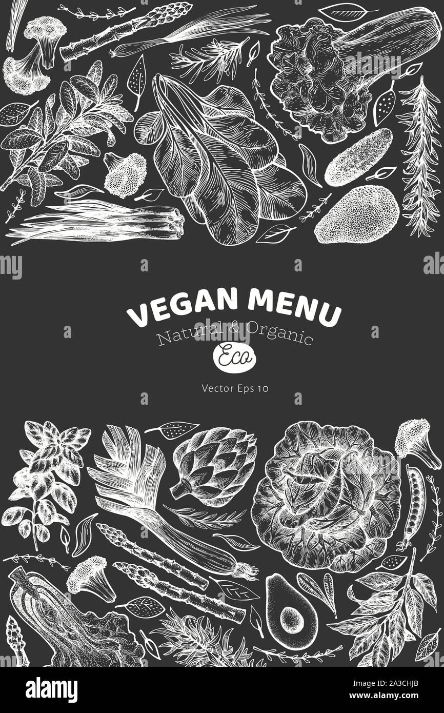 Green vegetable design template. Hand drawn vector food illustration on ...