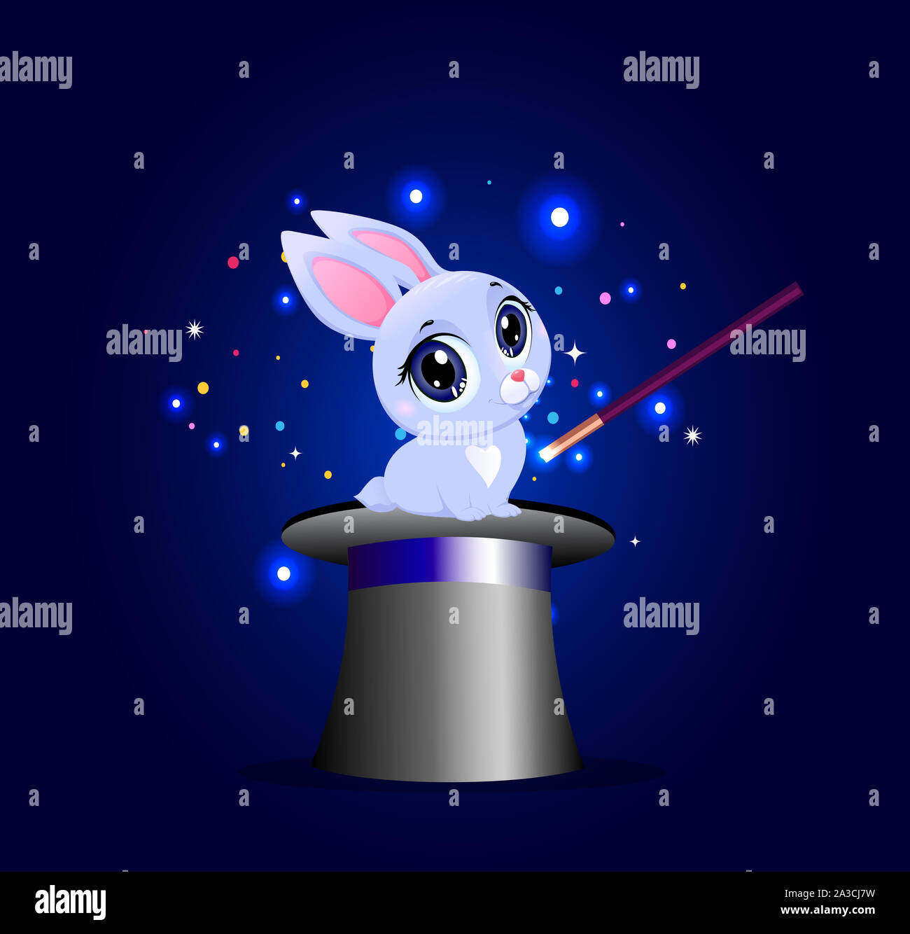 Bunny in magic hat with wand on blue sparkling glow background. Cute ...