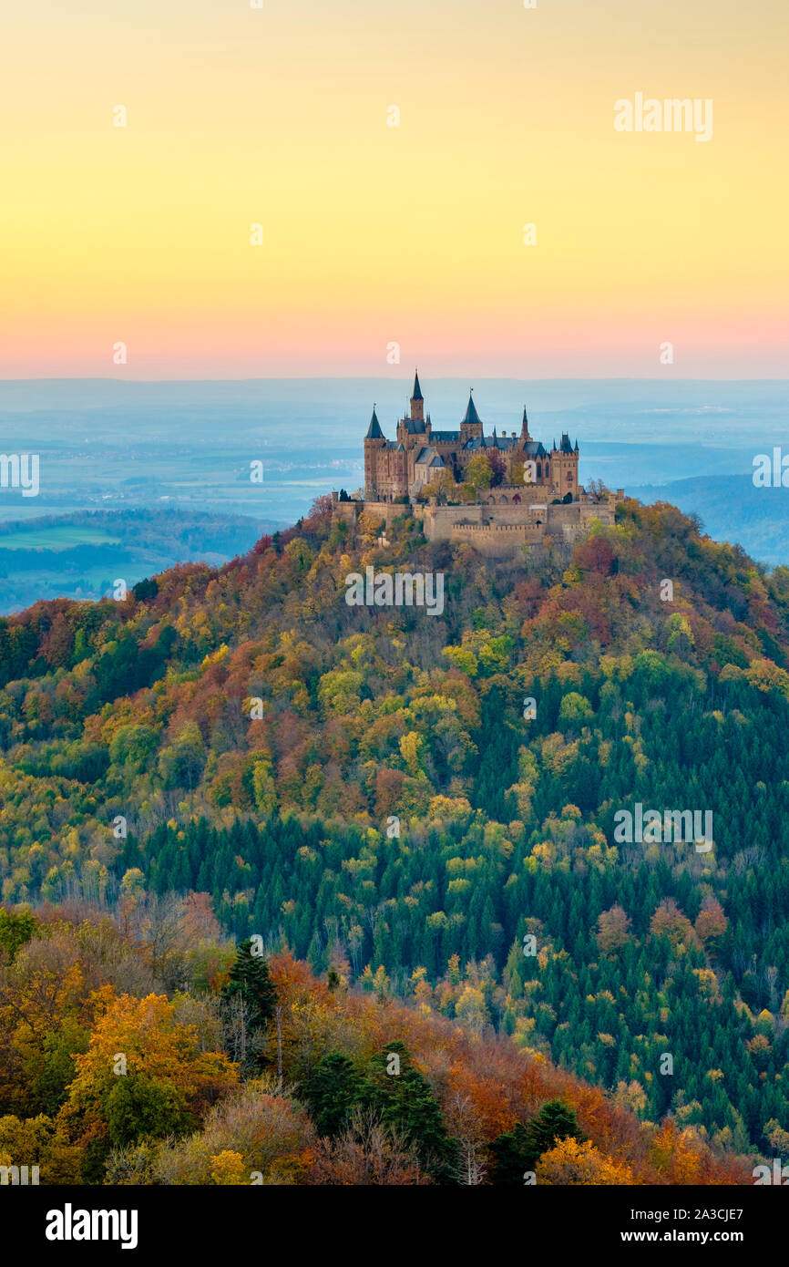 Burg Hohenzollern Castle at sunset, Bisingen, Baden-Württemberg ...