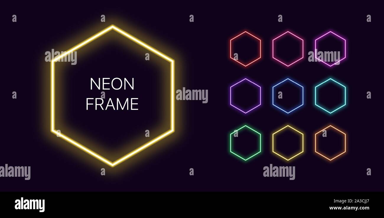 Neon monochrome hexagon Border with copy space. Templates set of Neon ...