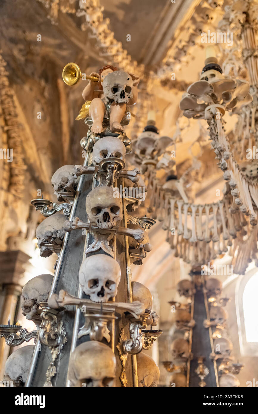 Human skulls and bones Kostnice Sedlec Ossuary, small Roman Catholic ...