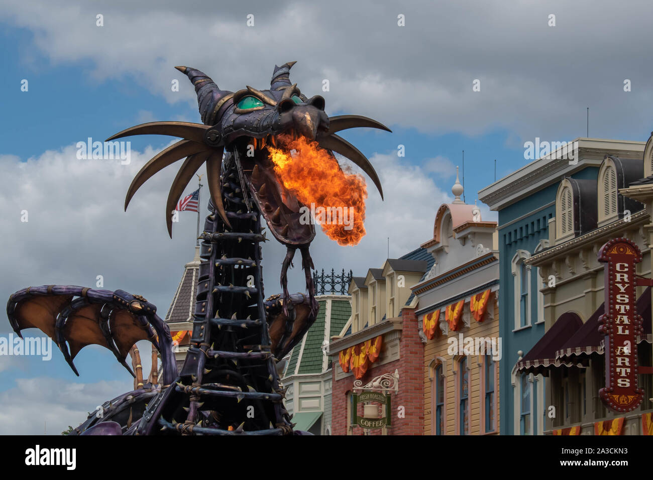 Orlando, Florida. September 25, 2019. Maleficient dragon throwing fire ...