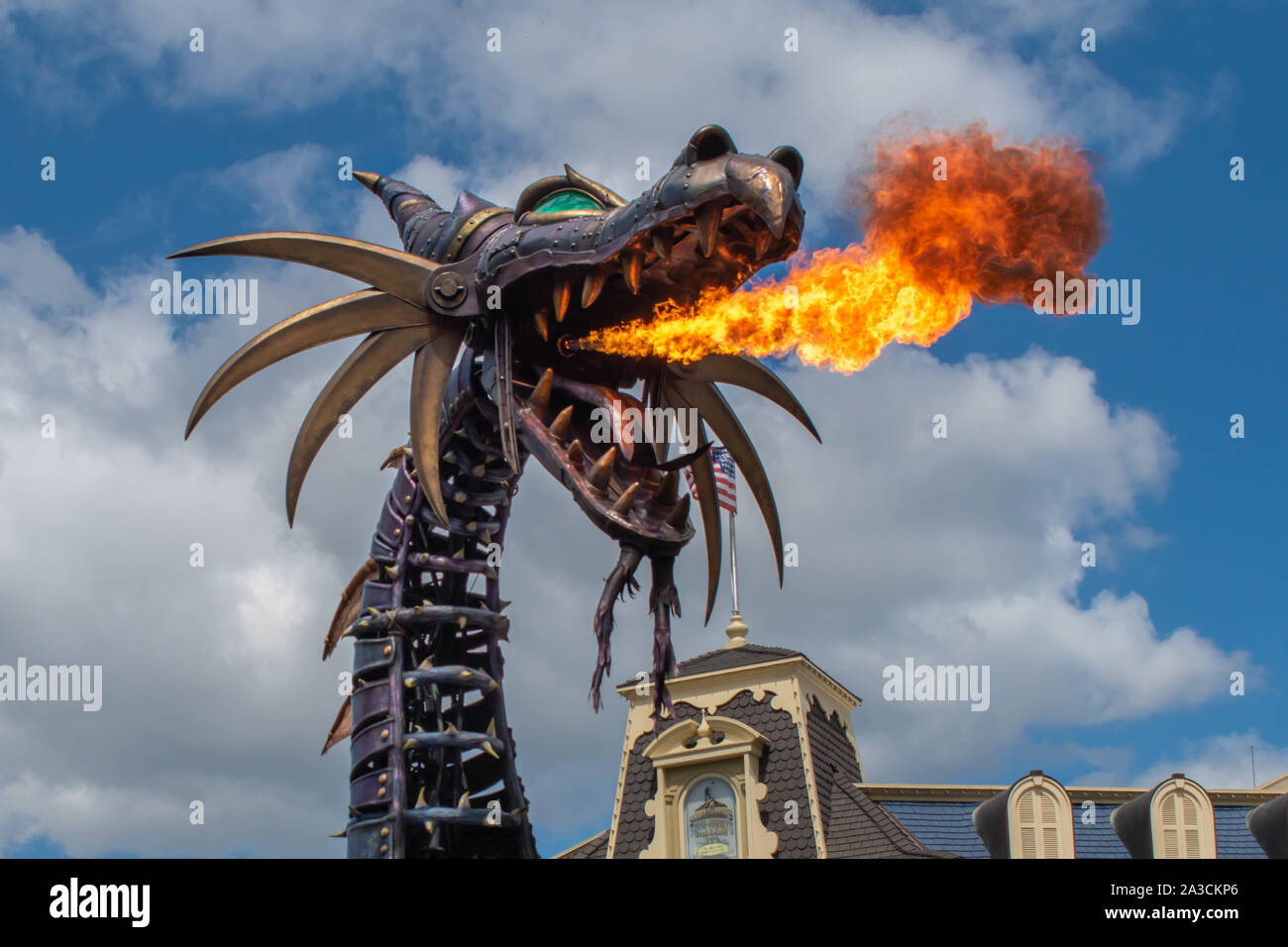 Orlando, Florida. September 25, 2019. Maleficient dragon throwing fire ...