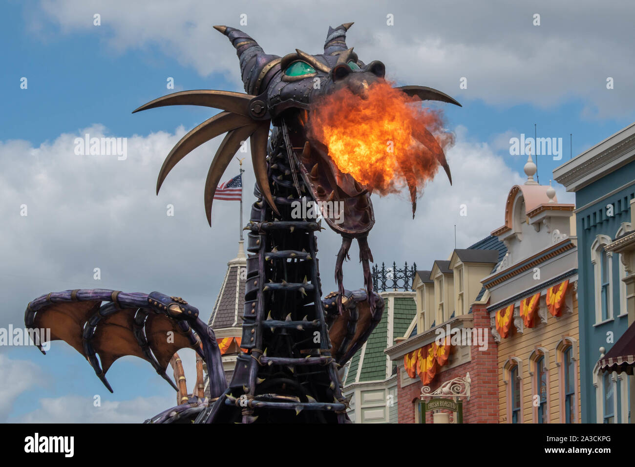 Orlando, Florida. September 25, 2019. Maleficient dragon throwing fire ...