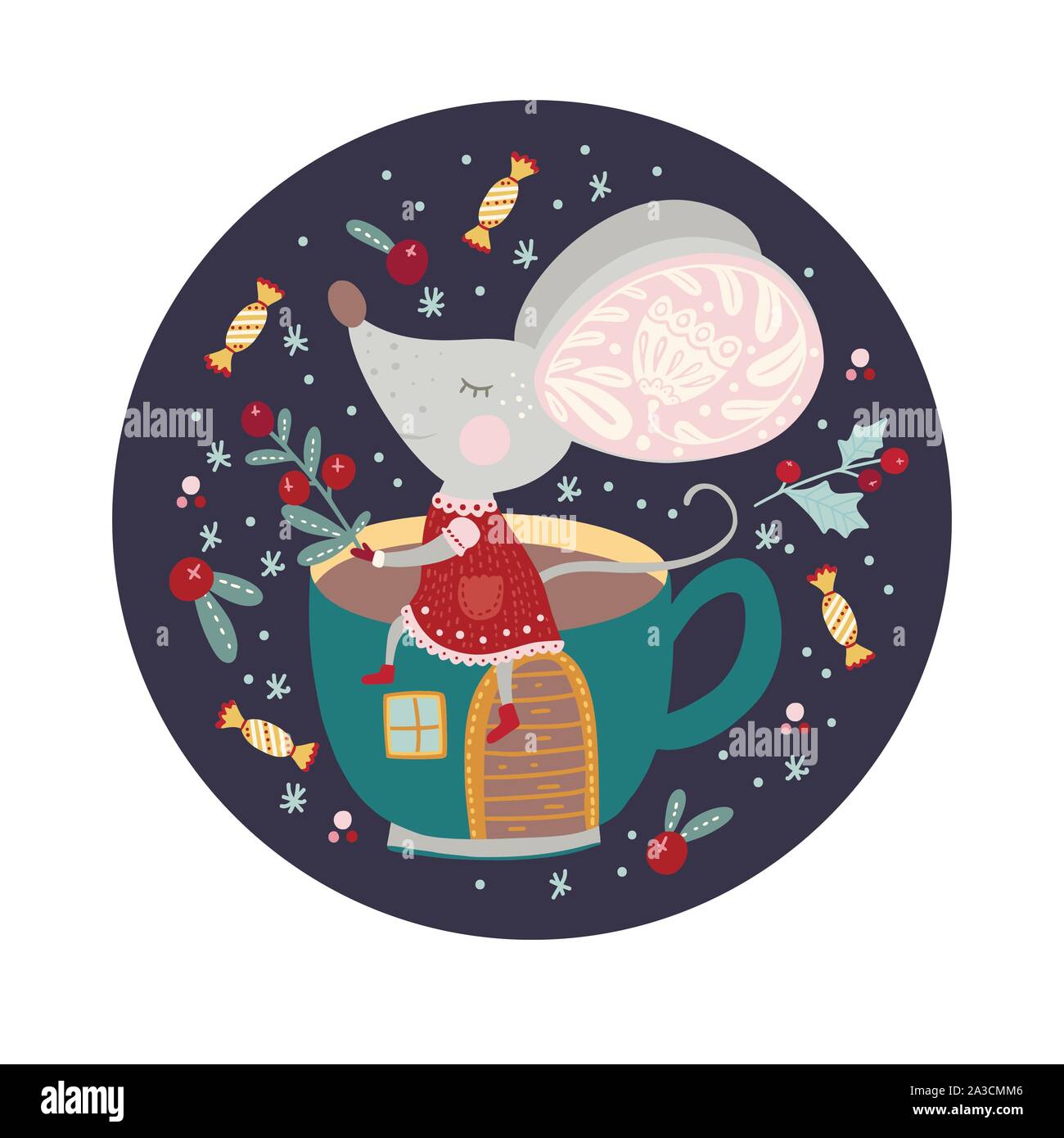 Christmas funny cartoon mouse in a flat style with tea cup house and ...