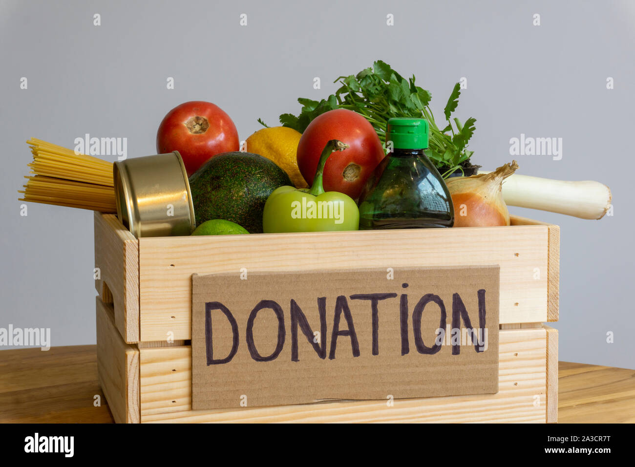 Food donation concept. Donation box with vegetables, fruits and other ...