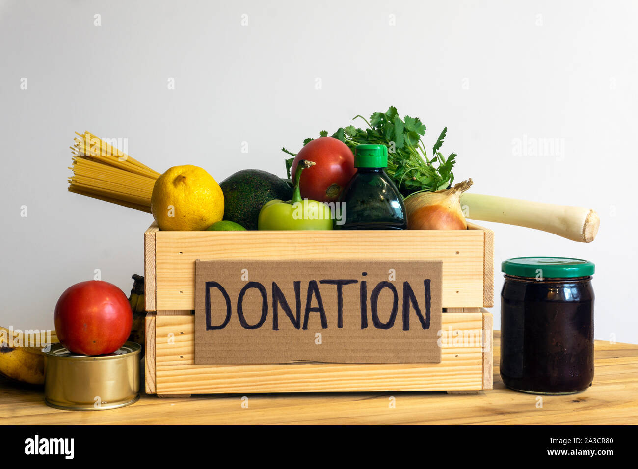 Food donation concept. Donation box with vegetables, fruits and other ...