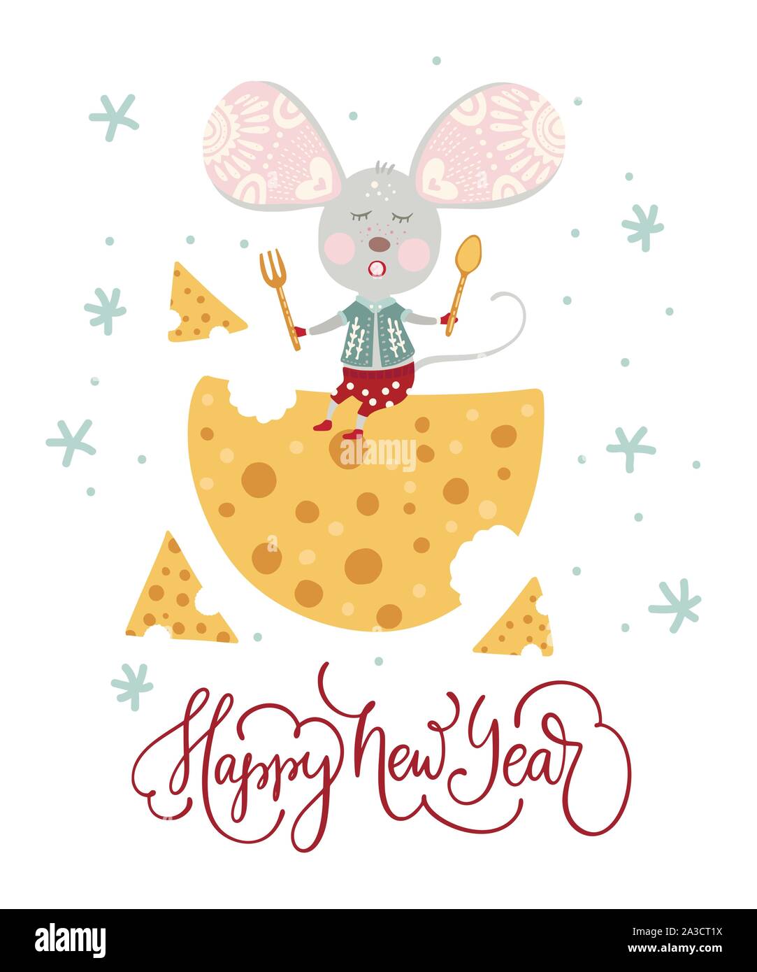 Christmas funny cartoon mouse in a flat style with hand drawn lettering ...