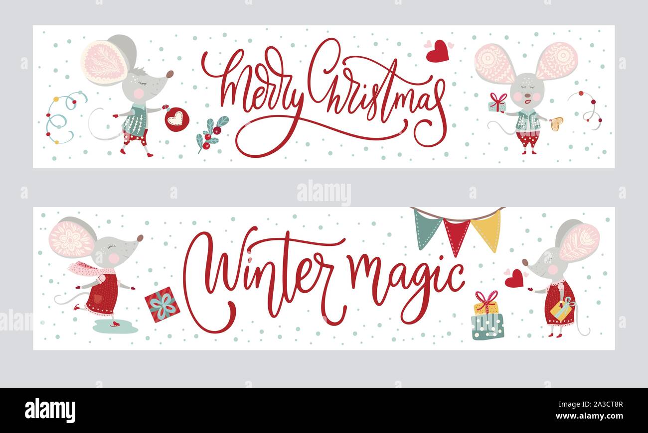 Christmas funny cartoon mouse poster set in a flat style. Winter vector ...