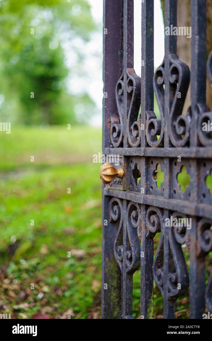 vintage old iron gate with gold latch Stock Photo - Alamy