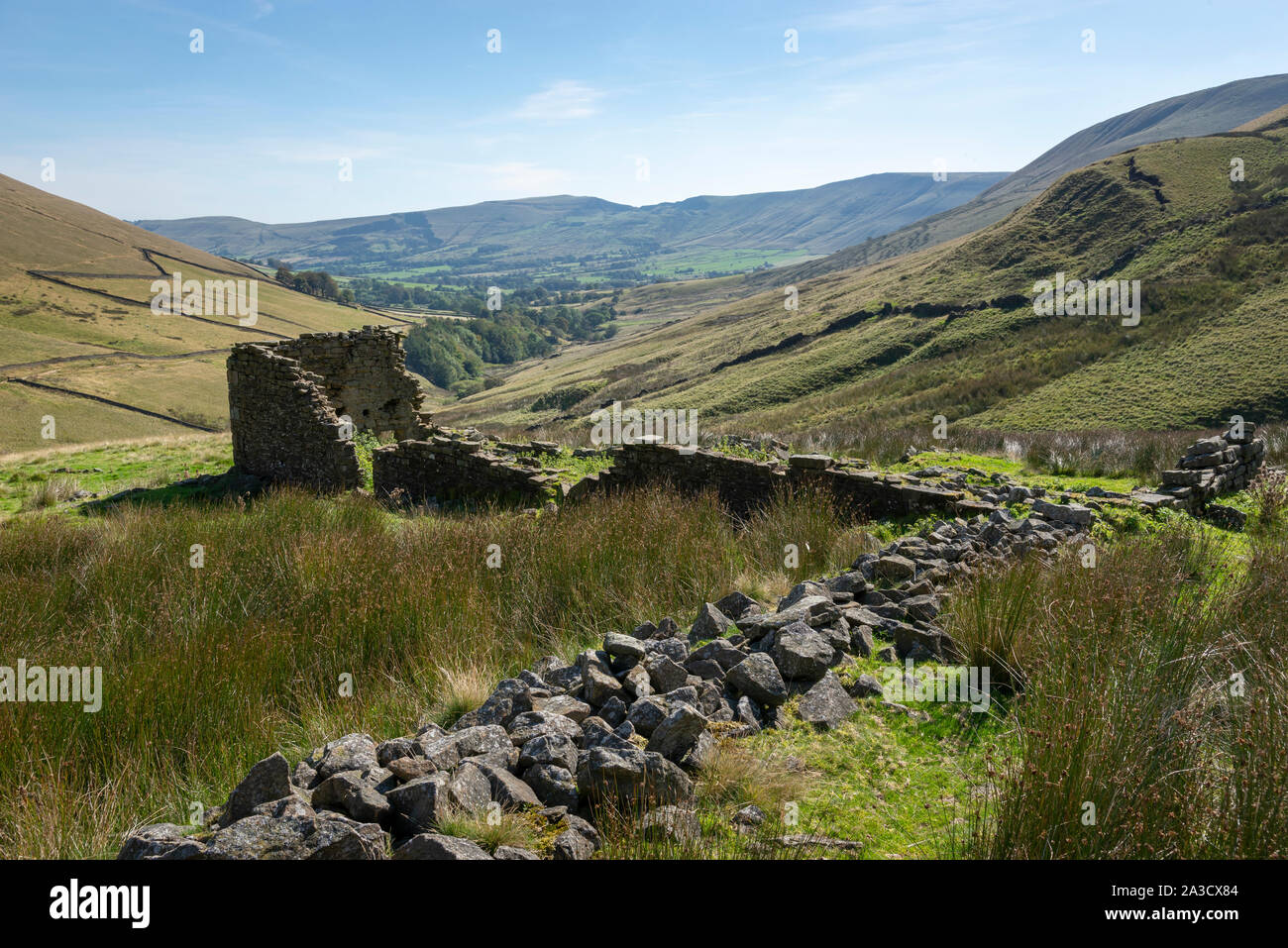 Ruined stone buildings near Upper Booth in the Vale of Edale, Peak ...