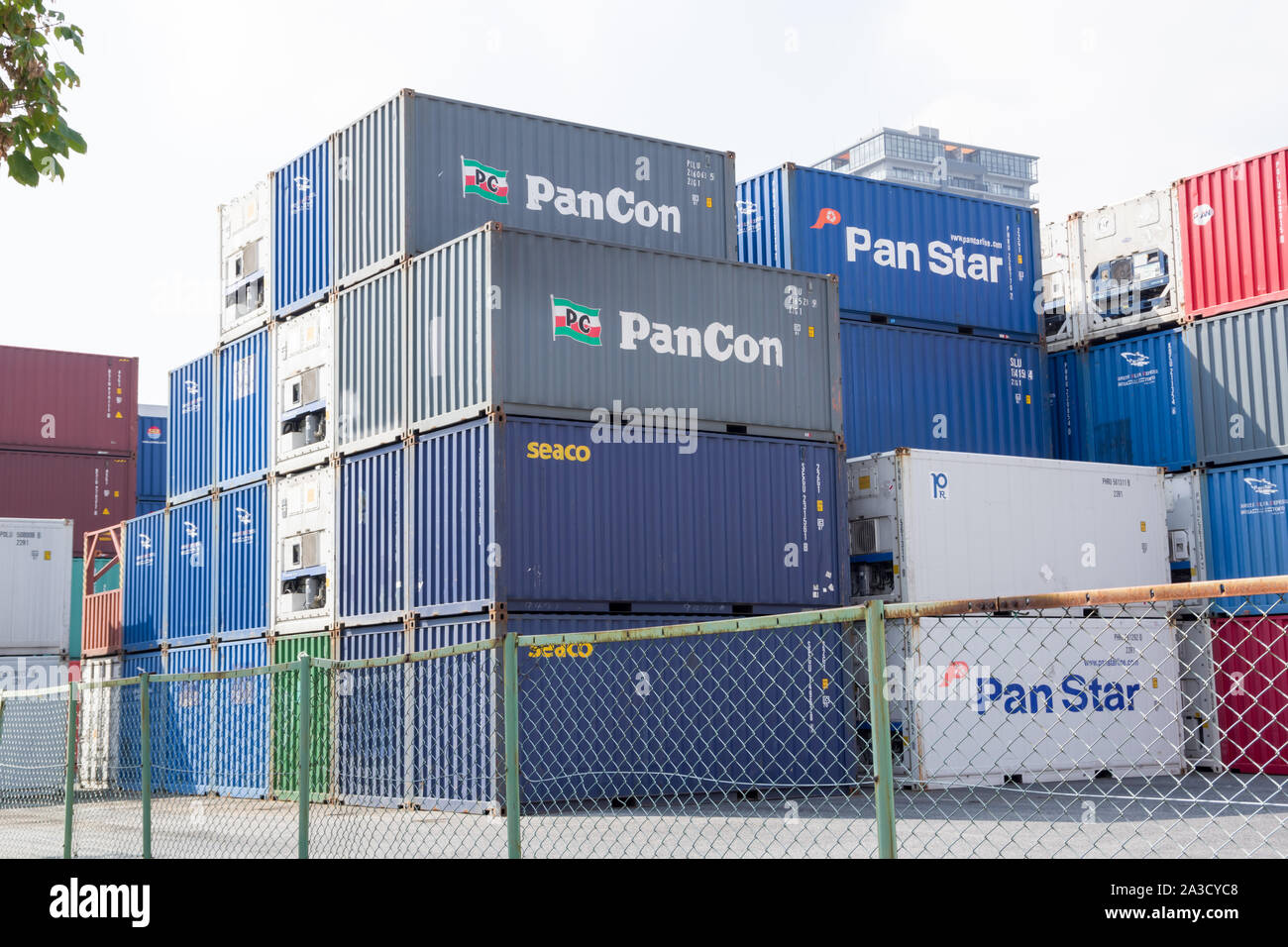 tokyo, japan, 10/02/2019 , Pan Star, pancon, and seaco containers on ...