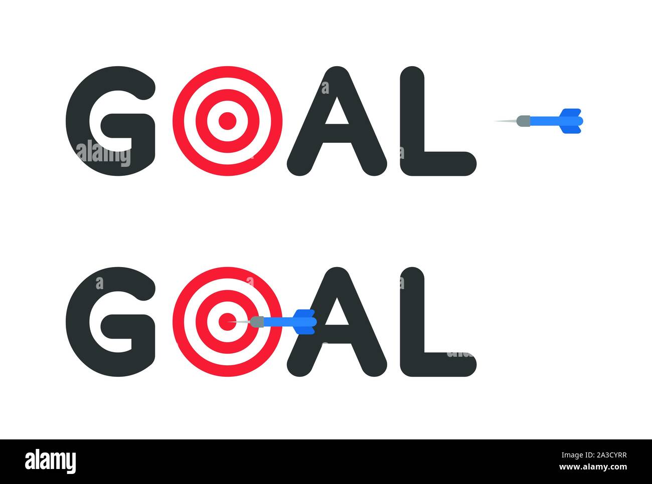 Vector icon set of goal text with bulls eye and dart hit the target ...