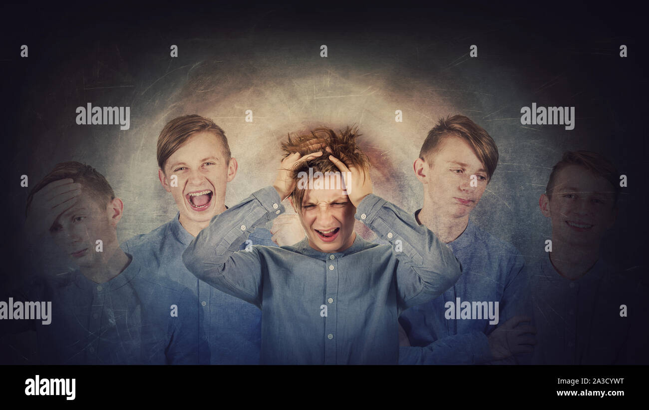 Desperate teenage boy, hands to head, suffer split emotions into ...