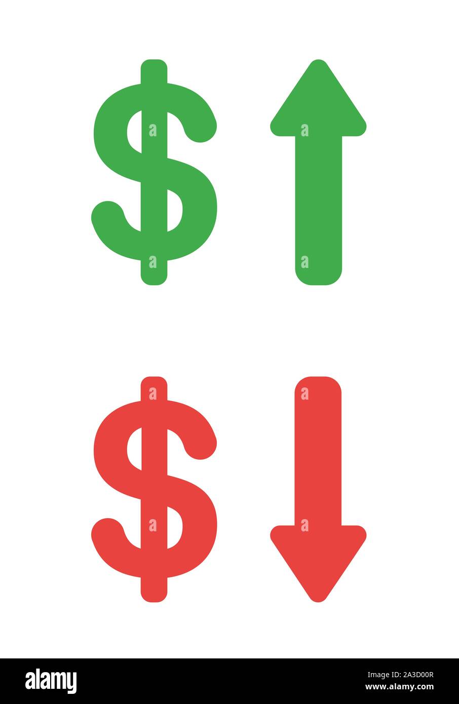 Vector icon set of dollar symbols with arrow moving up and down. Flat ...