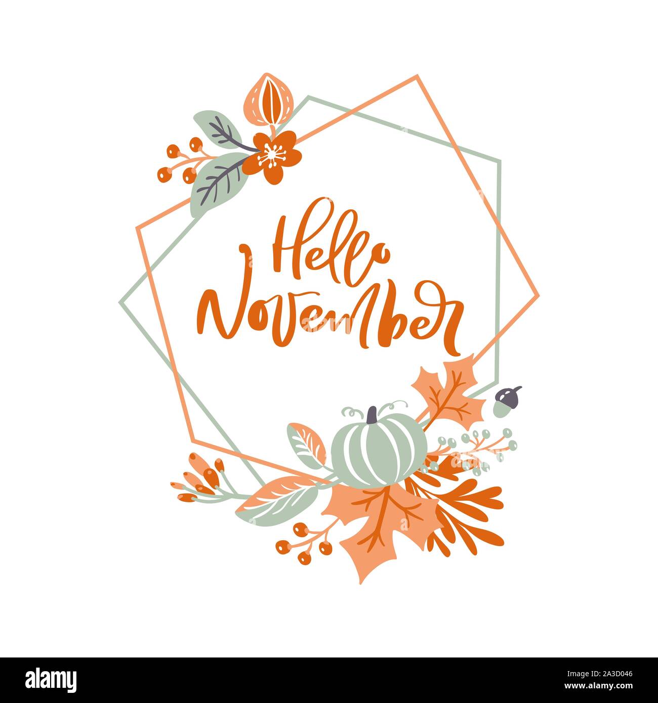 Hello November hand lettering text on poligon vector wreath with autumn ...