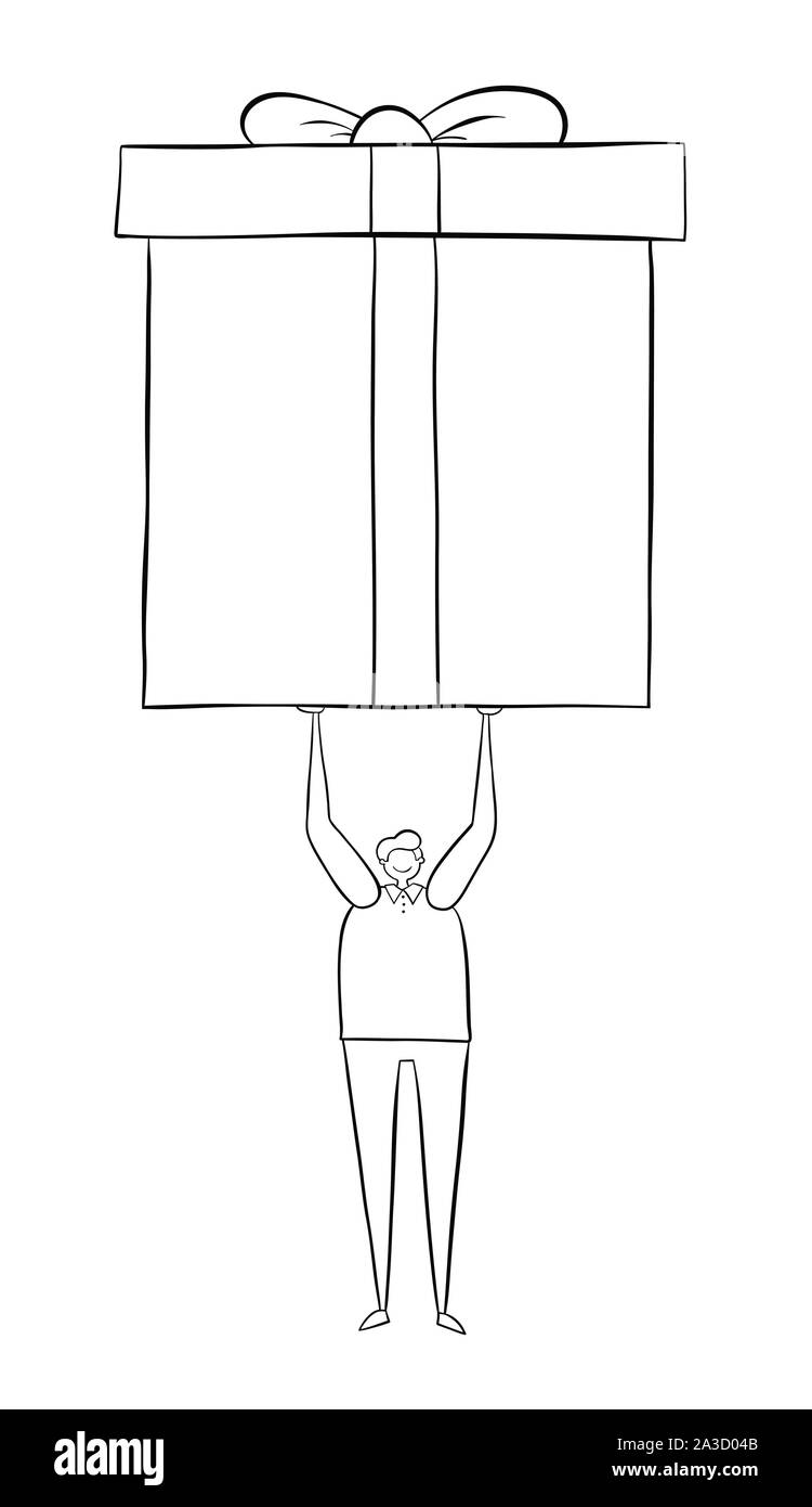 Man lifts up a huge gift pack. I wonder what's in it? Vector ...